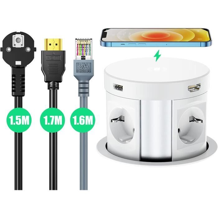 Bloc Multiprise Escamotable 4 Prises et 2 USB, Prise Encastrable avec ...