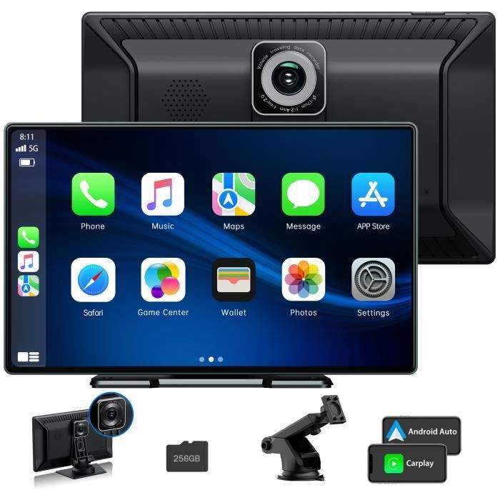 TOGUARD 9" Autoradio Carplay 2.5k Dashcam iOS Carplay/Android Auto sans Fil avec GPS WIFI+256Go ...