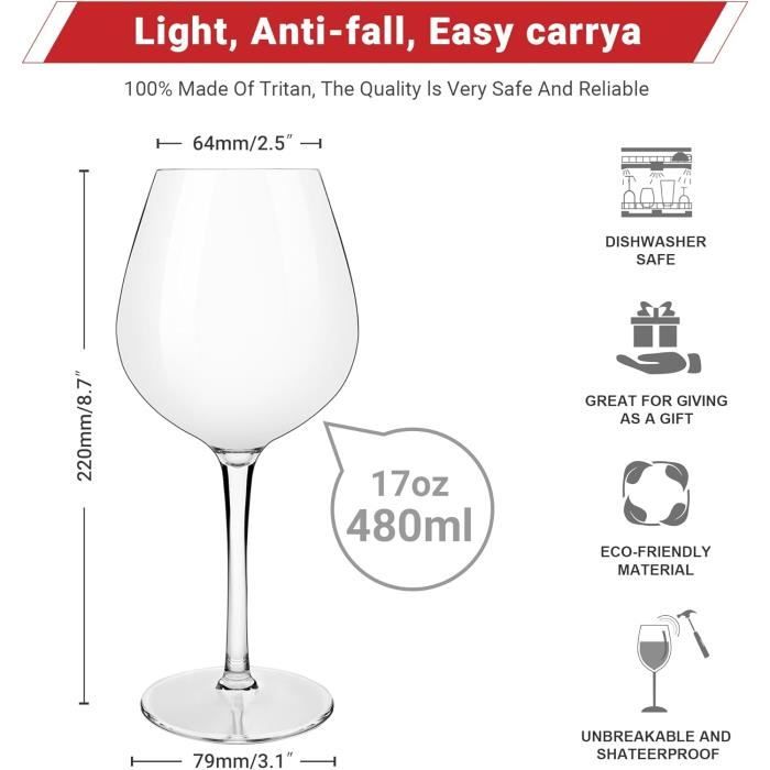 Incassable Verres À Vin Rouge, Tritan-Plastique Verres À Pied, 500 Ml Verres À Vin Blanc ...