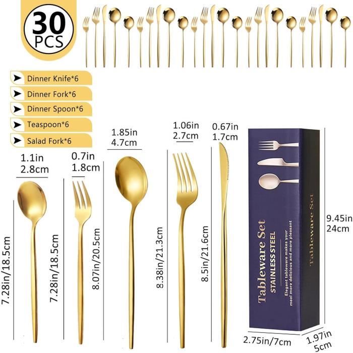 Couverts de Table Dorée pour 6 personnes, Ensemble de Couverts en Acier ...