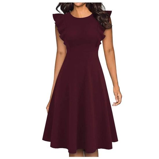Robe Femmes Vintage Manches À Volants Solide Évasé Une Ligne Swing ...