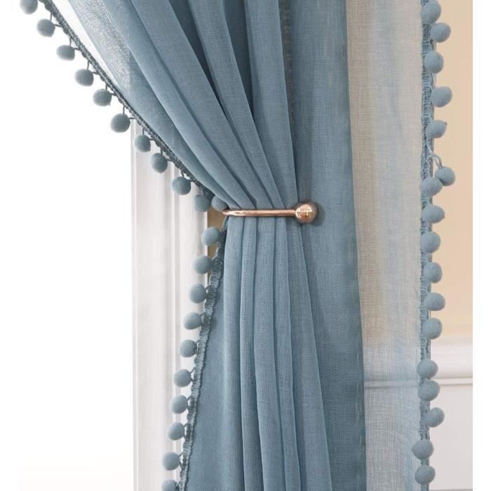 Rideau Voilage Bleu Avec Boule Peluche, Decoration Rideau Chambre ...
