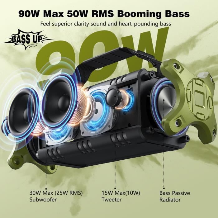 90W Peak 50W RMS Enceinte Bluetooth Puissante, Grosse Haut Parleur ...