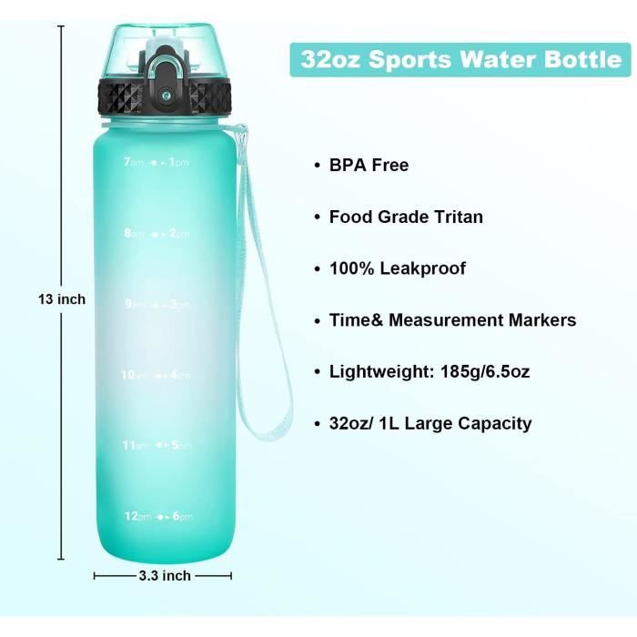 Bouteille d'eau avec paille 1L-32oz en plastique étanche avec marqueurs de temps de filtre sans ...