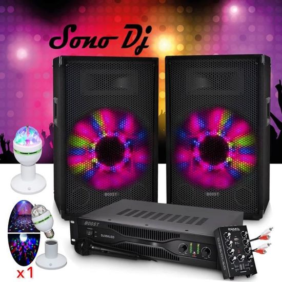 Pack Sono 500W Boost USB/Bluetooth avec Ampli - 2 Enceintes LED - Micro ...