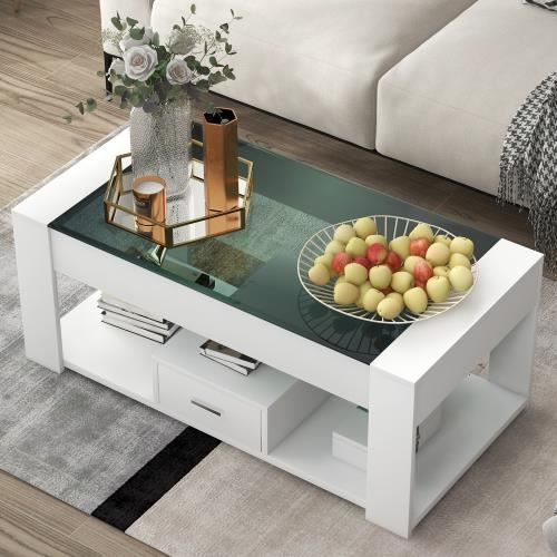 Merax Table basse de salon avec plateau en verre, Blanc & Vert ...