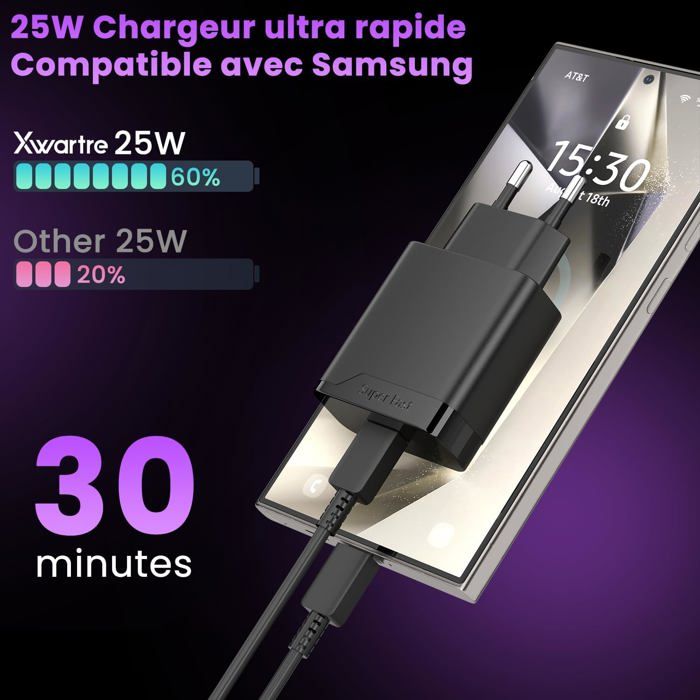 25W Chargeur Rapide Compatible Avec Samsung Galaxy S24 Fe S23 S22 S21 ...