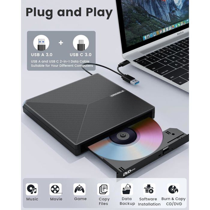 Graveur DVD externe USB 3.0 - DEBSY - Type-C - Plug & Play - 24x CD ...