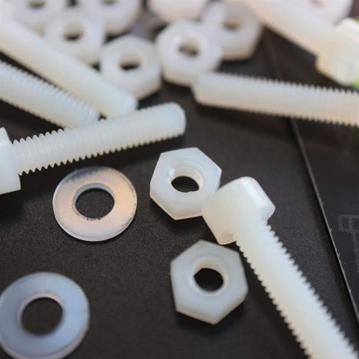 50 x douilles en nylon, vis de machine en plastique M4 x 20mm, boulons, écrous et rondelles[218 ...