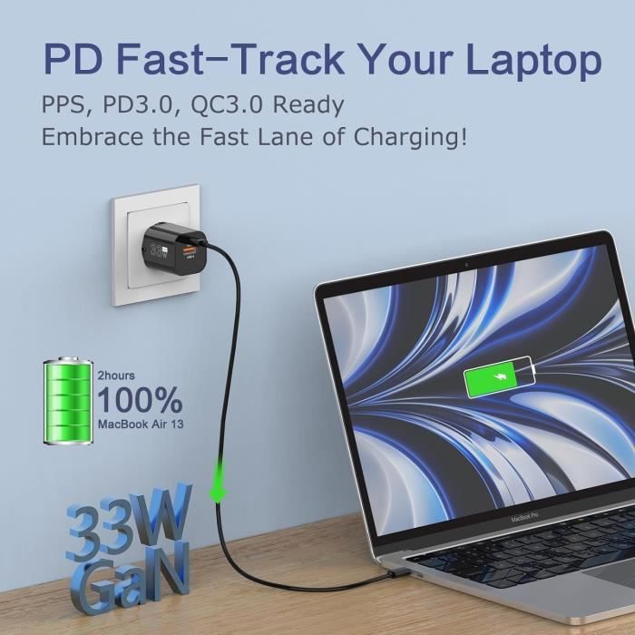 Chargeur Usb C 33W Gan Chargeur Rapide Pd3.0 30W & Qc4+ Double Prise ...