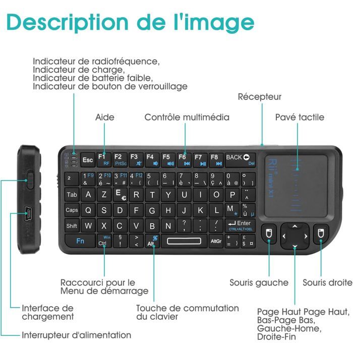 Mini clavier sans fil Azerty 2.4G, Touchpad intégré, Compatible PC/Xbox ...