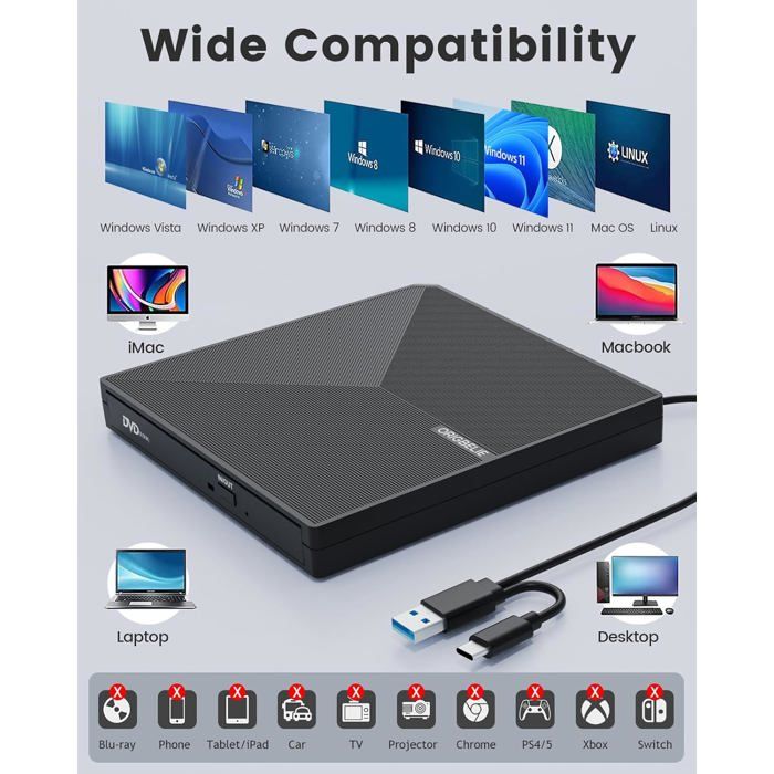 Graveur DVD externe USB 3.0 - DEBSY - Type-C - Plug & Play - 24x CD ...