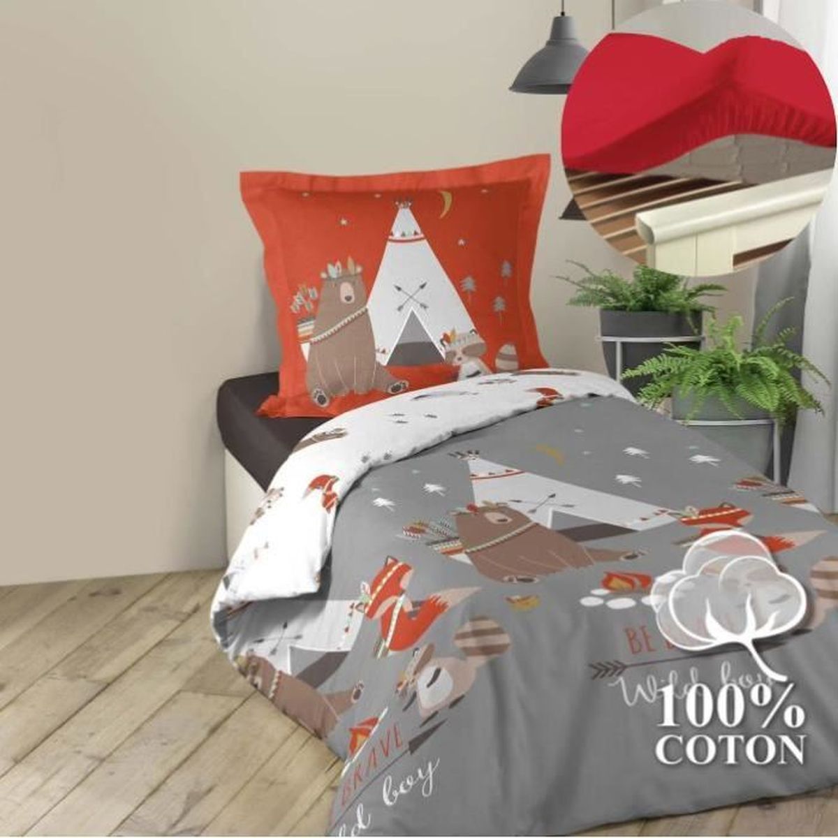 Pack Parure De Couette Enfant 140x200 Cm Tipi Drap Housse 90x190