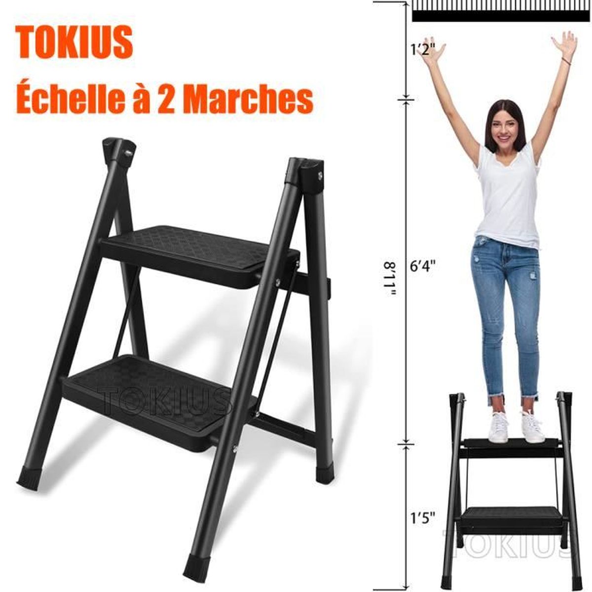 TOKIUS Escabeau 2 Marches Pliable Échelle en Acier Marchepieds Pliant ...