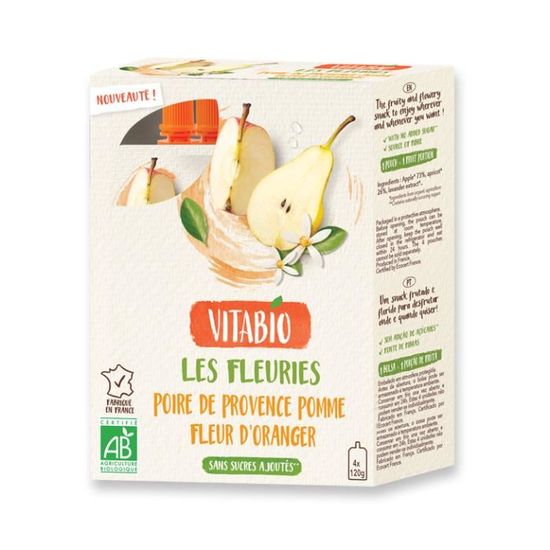 Vitabio - Gourde Fruits et Fleur Poire Pomme Fleur d'Oranger - Bio - Etui carton - 4x120g ...