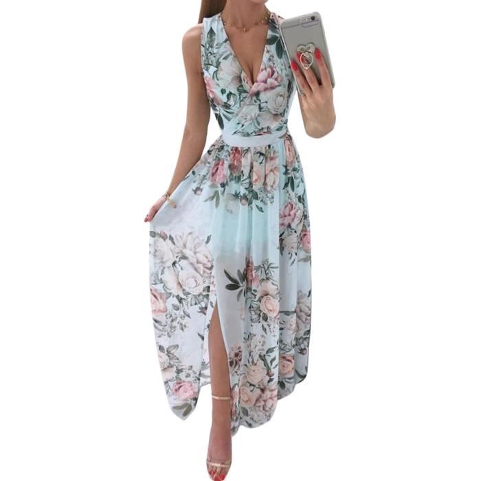 Minetom Robe Longue Femme Mode Col en V sans Manches Impression ...