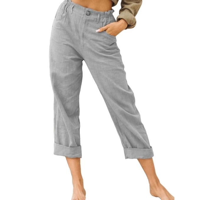 Pantalon Lin Et Coton Femme Couleur Unie DéContracté éLastique Pantalon Avec Poche Zippé Chic ...