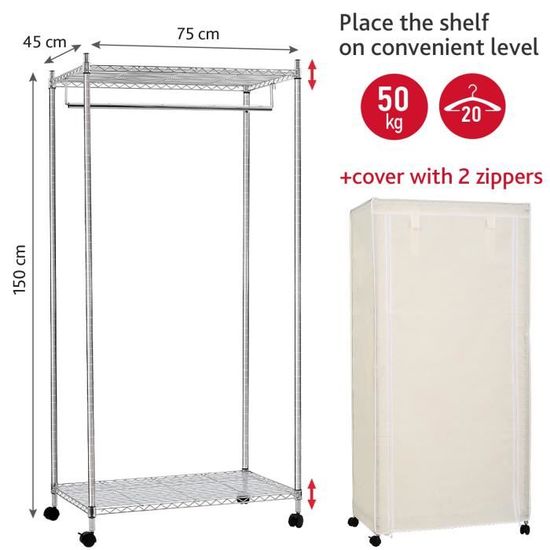 Artmoon Penderie à Vêtement Solide avec Roulettes Couvercle et 2 ...