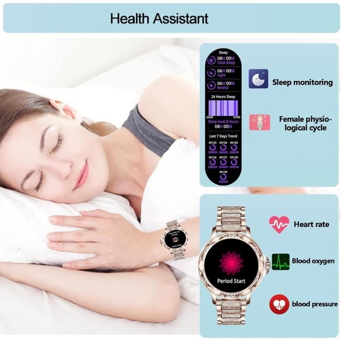 Montre Connectée Femme, 1.2”Smartwatch Montre Connectée Ronde, Avec Moniteur De Fréquence ...