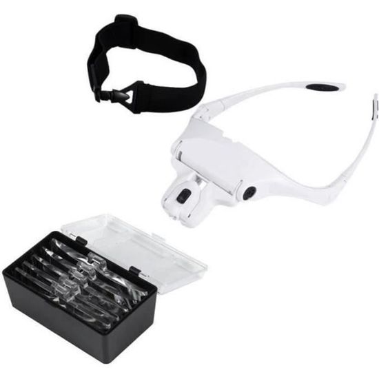 CS Casque Loupe Frontale Loupe Lunette Serre Tête avec 2 LED + 5 Lentilles pour Travail ...
