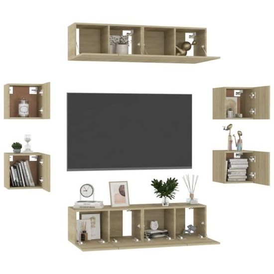 Meuble TV Mural avec Compartiments 8pcs, Support télé Rangement ...