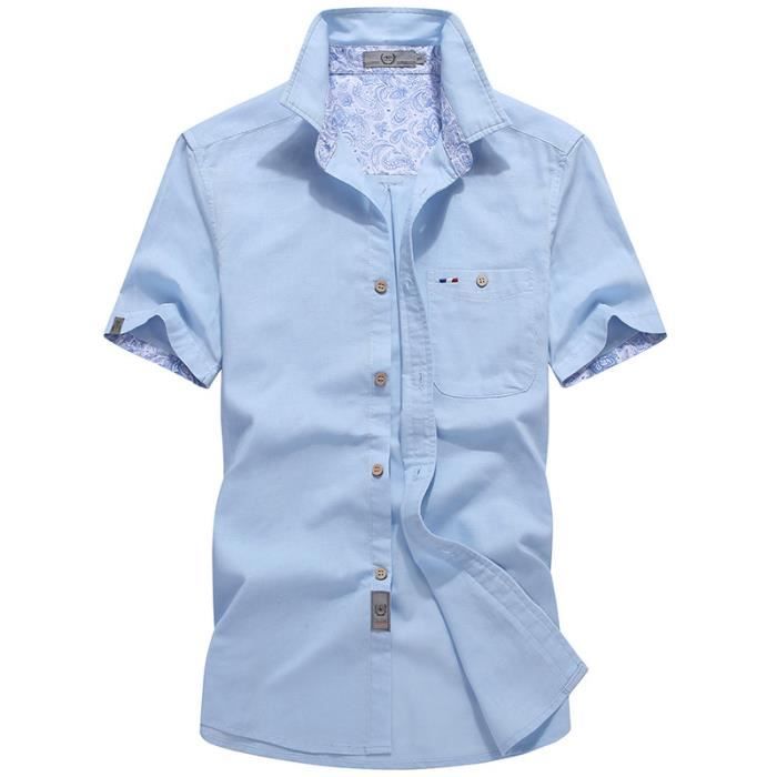 Chemise Homme Manches Courtes en Coton Casual Chemisette Ete Avec Poche ...