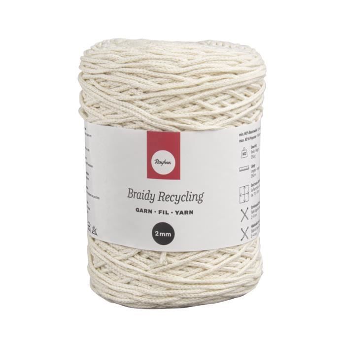 Fil Braidy Recycling, tressé, 2mm, ivoire, (pelote 250g), pelote 250m ...