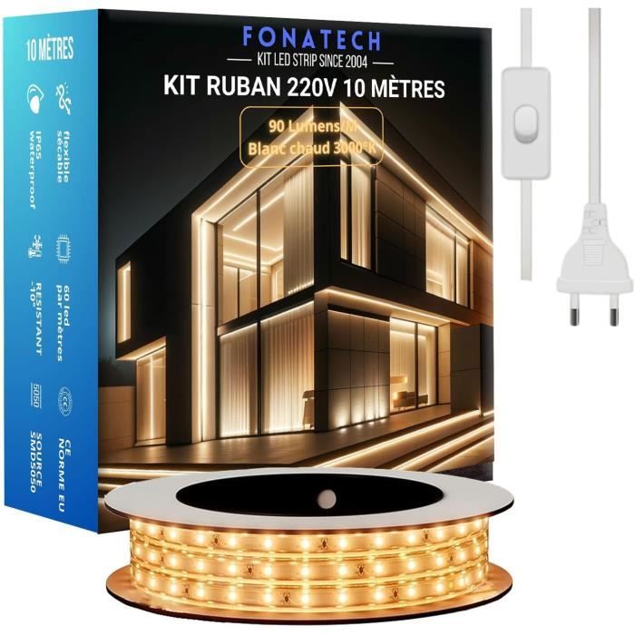 ® Kit Ruban Led 10M 220V Bandeau Recoupable Avec Interrupteur On-Off ...