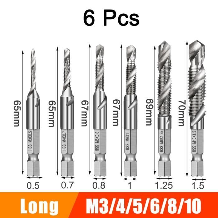 FILIERE - BUSE DE FILAGE - TARAUD,Long Silver 6 PCS--Jeu de mèches à filetage métrique M3 M4 M5 ...