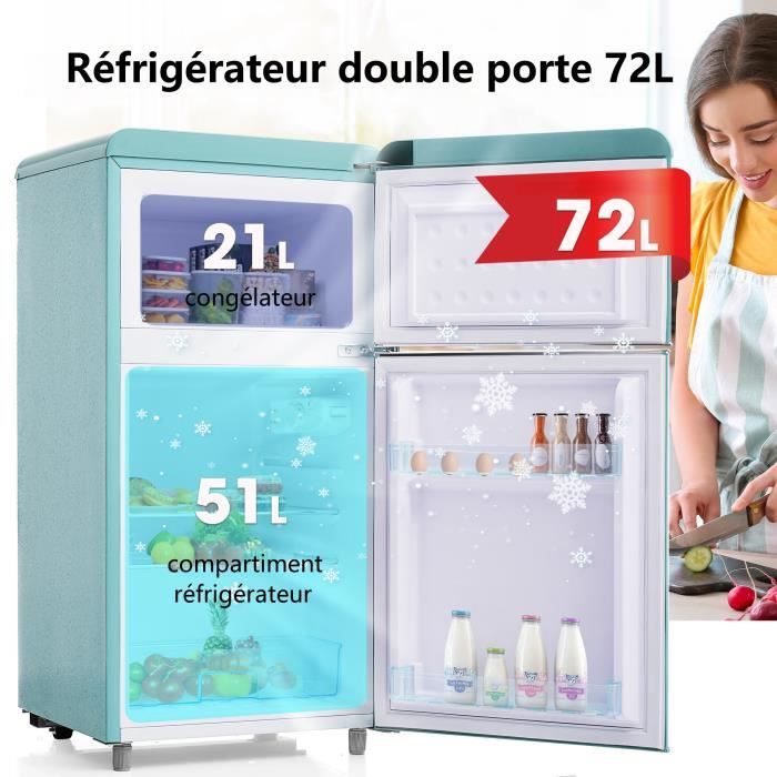 Réfrigérateur rétro congélateur double porte 72L (51L+21L) Classe E avec éclairage LED et ...