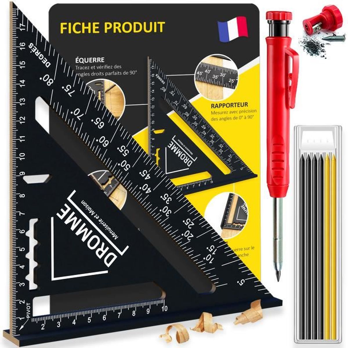 Equerre Menuisier 180 mm | Inclus Crayon Chantier + 6 Mines Solides ...