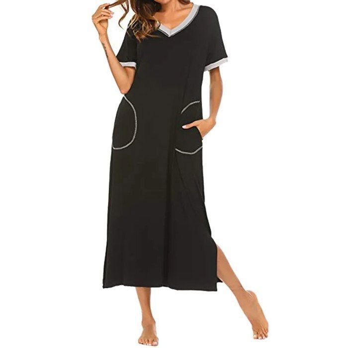 Robe de nuit à manches courtes pour femmes,vêtements de nuit pleine ...
