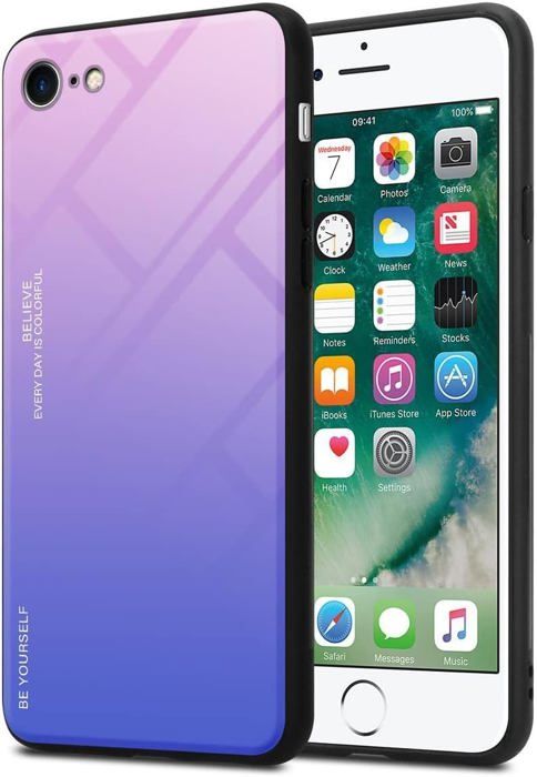 Coque iPhone 7 7S 8 SE 2020 Rose Bleu en Silicone TPU et Verre Trempé - étui Portable Bicolore ...