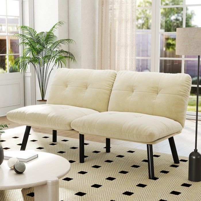 Canapé Convertible Moderne Crème 2 Places - Canapé Futon Pliable Avec ...