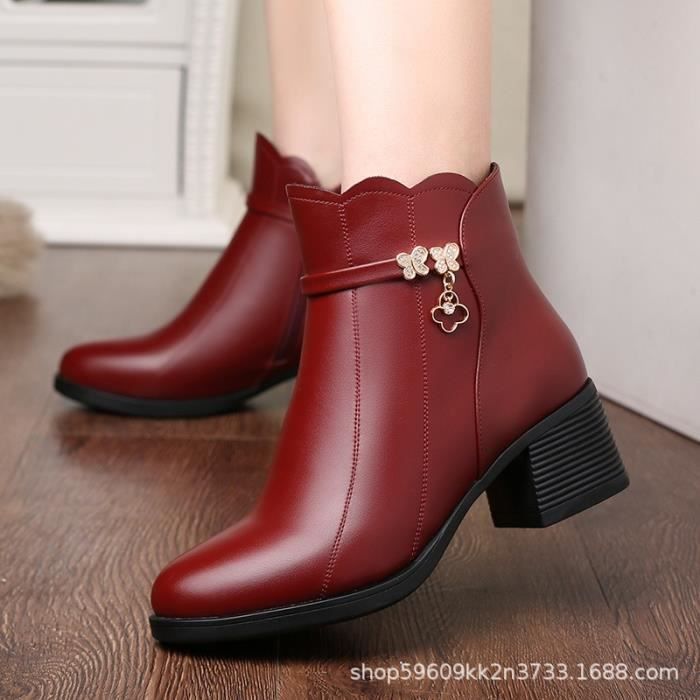 Bottes en cuir pour femmes à semelle souple en velours et épais - Rouge ...