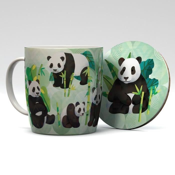 Mug et dessous de verre porcelaine Puckator Panda Kingdom - vert/noir ...