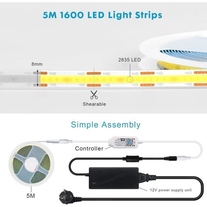 Ruban Led Cob Wifi Blanc Neutre 4000K, Kit Lumière Bande Led 5M Dc12V 320 Led Pour Garde-Robe ...