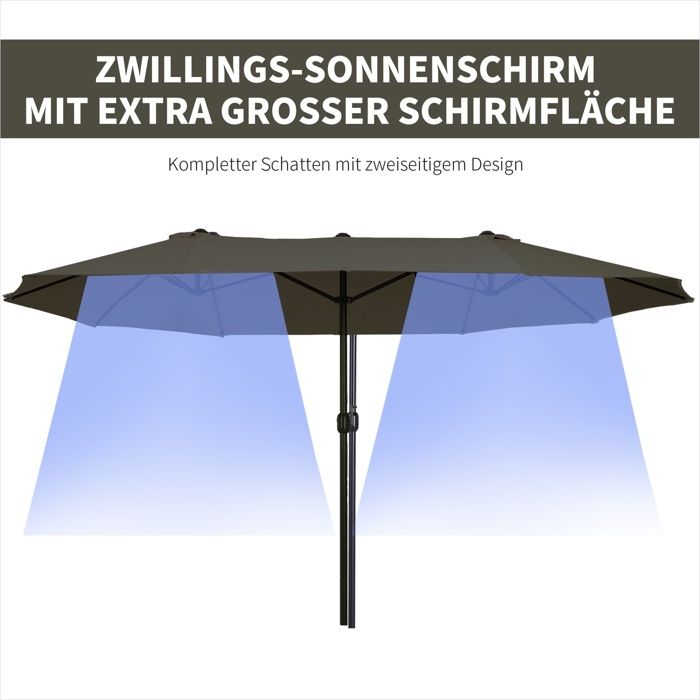 Parasol double ovale gris neutre 460 x 270 cm avec manivelle, structure ...