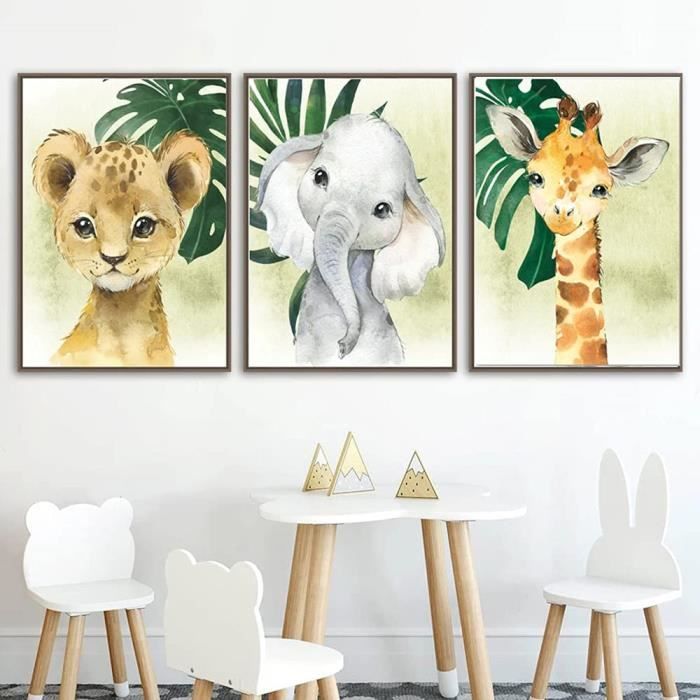 Lot de 3 Affiche Animaux Safari Poster Jungle Girafe Lion Elephant ...