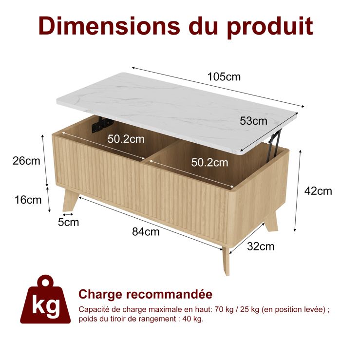 Table Basse Salon avec Plateau Relevable, Table Basse avec 2 ...