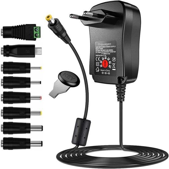 AC vers DC 3V 4,5V 5V 6V 7,5V 9V 12V 1A 2A, Adaptateur Multi-Tension avec Port USB 5V 2A et 8 ...