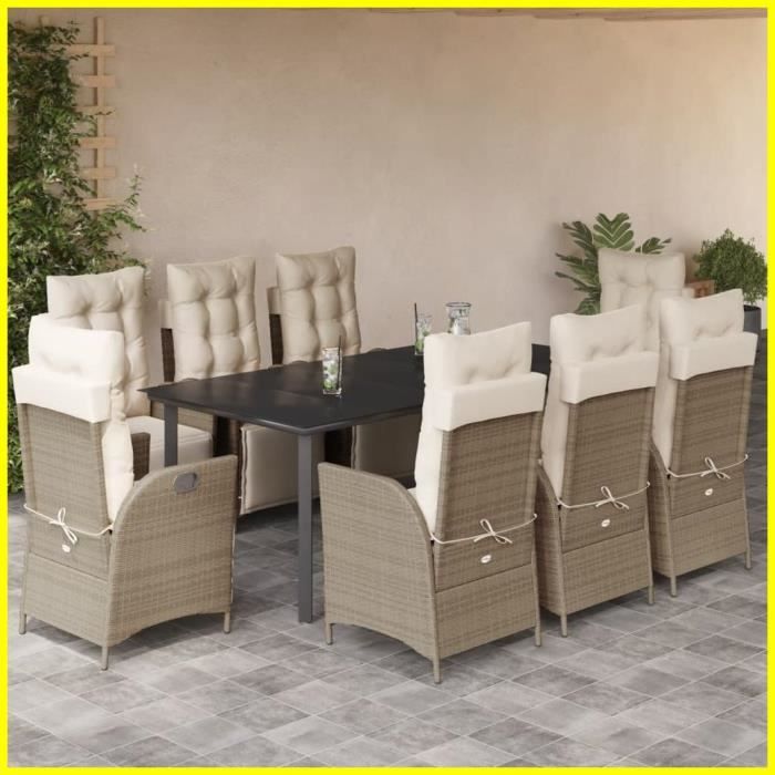 DXBK Ensemble à manger de jardin et coussins 9 pcs beige Poly rotin ...