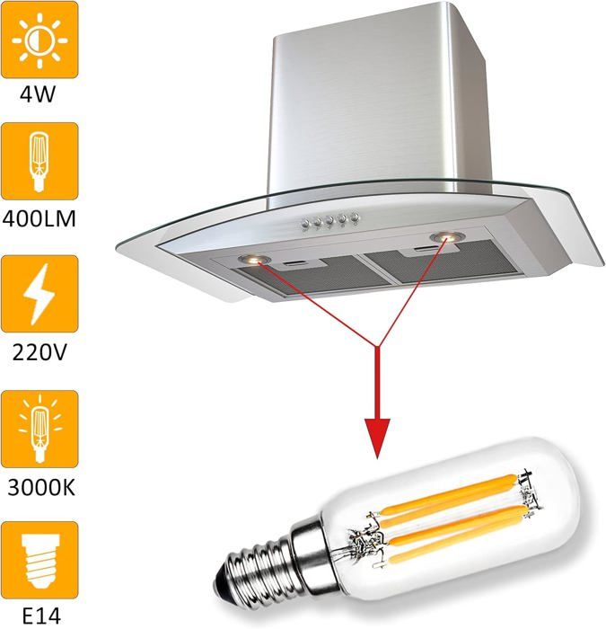 Ampoule LED pour Hotte de Cuisine T25 E14 4W Blanc Chaud 2700K 400LM Équivalent Lampe de Hotte ...