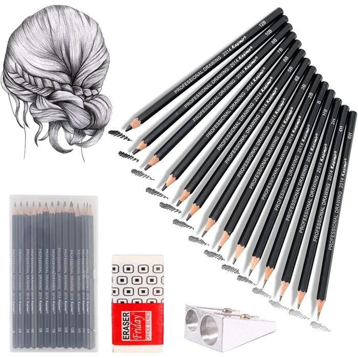 Lot de 14 Crayons à Dessin Professionnels avec Gomme, Taille Crayon et TrousseCrayon Graphite ...