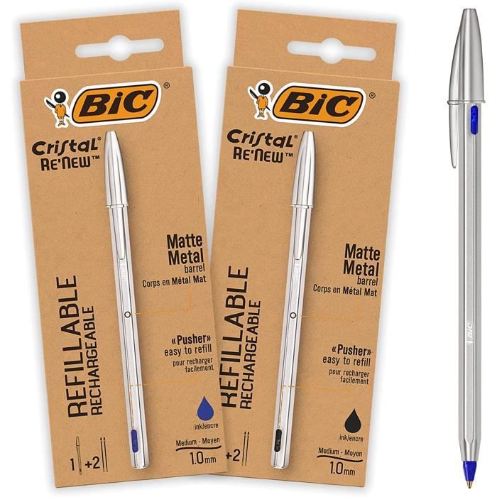BIC Cristal Re'New Stylo-bille premium en métal et rechargeable - et noir, lot de 2+4 ...