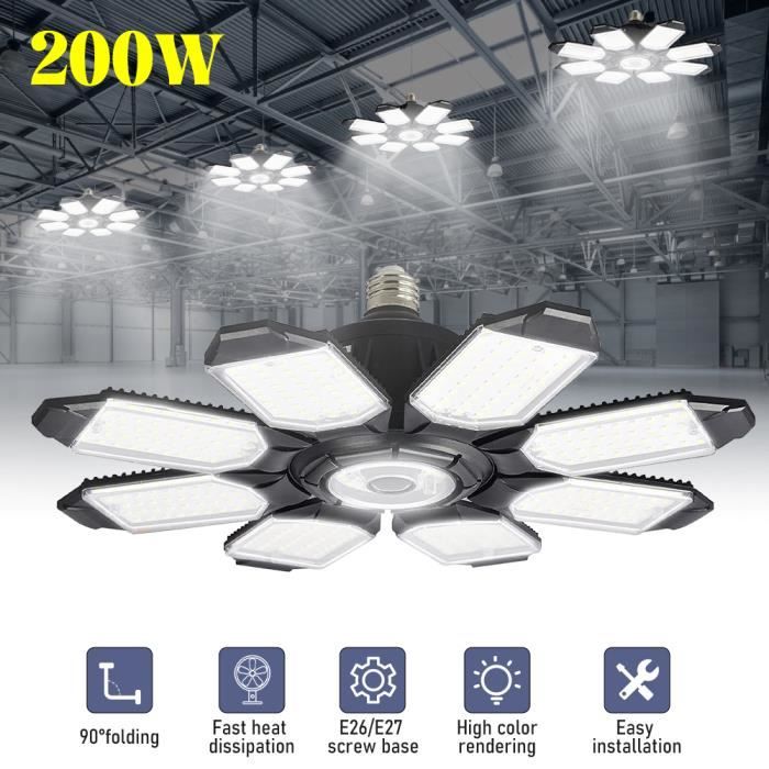 Éclairage LED Garage 200W,E27/E26 Lampe d'atelier Déformable à 8 ...