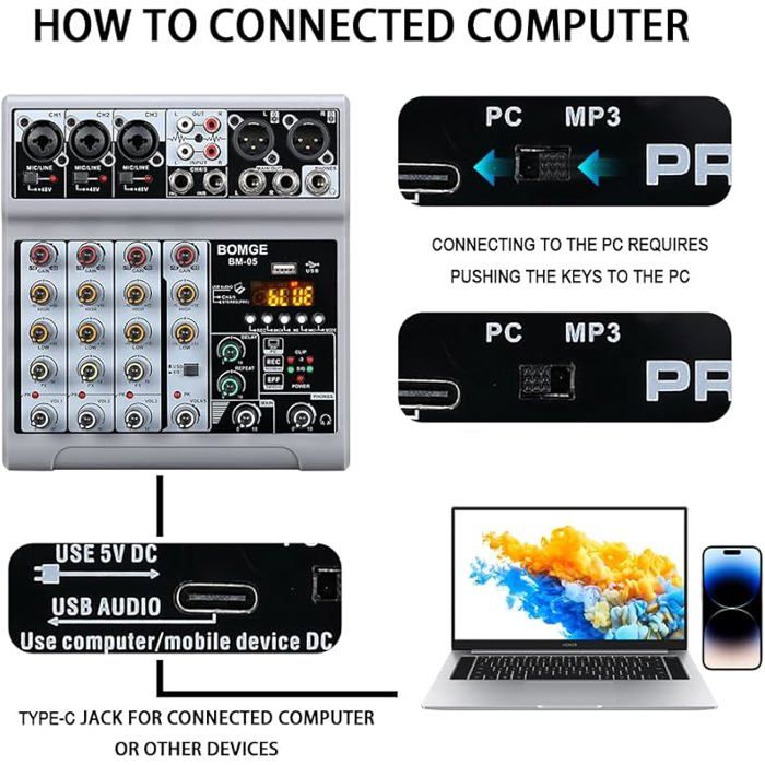 Table de mixage audio console de mixage avec 5 canaux numériques USB ...