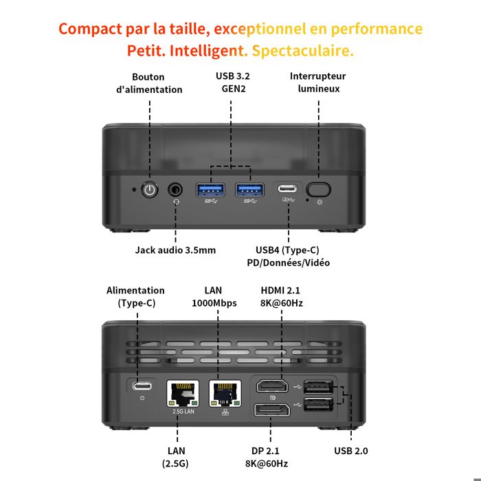 AWOW Mini PC Gaming AMD Ryzen 7 7840HS (8c/5,1GHz), 32 Go DDR5, 1 To ...