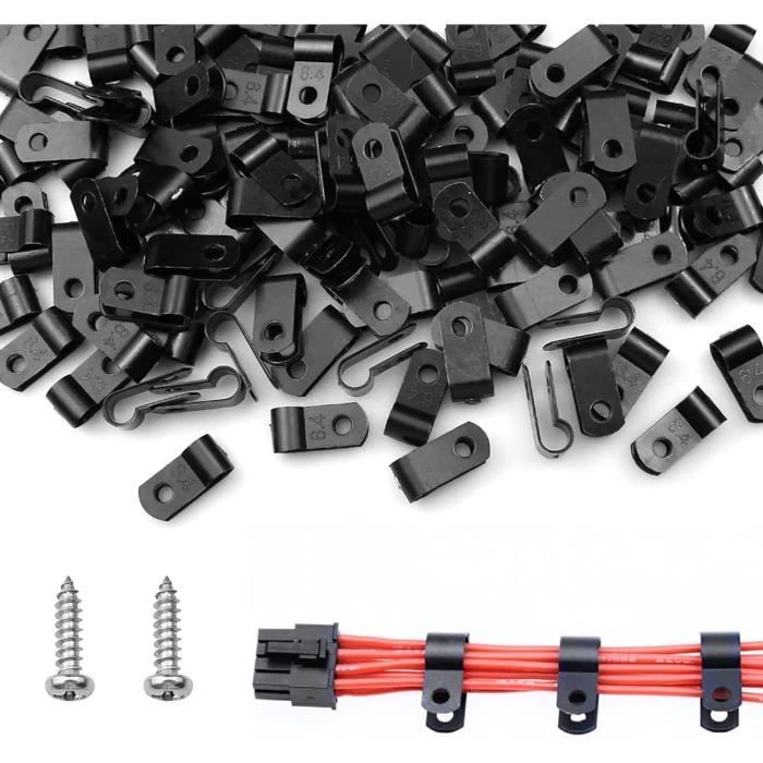 100 Pièces Noir Serre-Câble R-Type Nylon Plastique Câbles Clips avec 100 Pièces des Vis pour ...