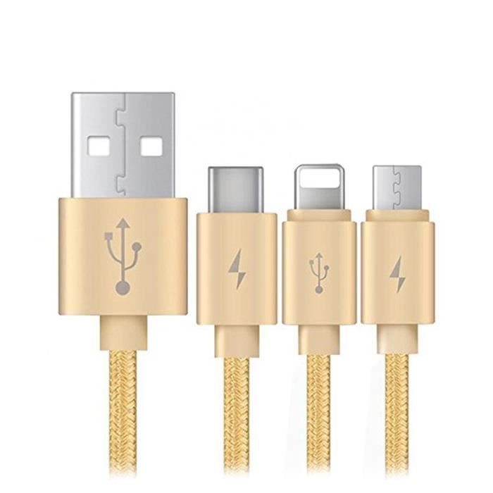 Cable de charge rapide 3 en 1 nylon 1 Mètre triple embout pour iPhone ...